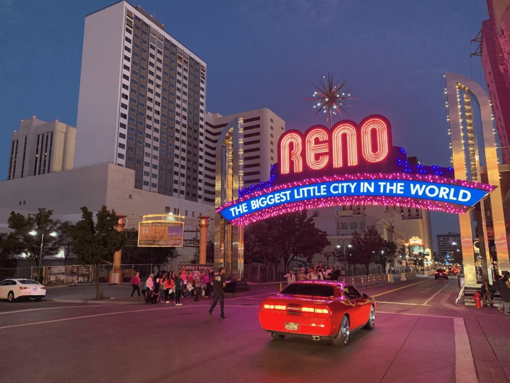 Reno Arch Lights up Pink - Nevada Globe
