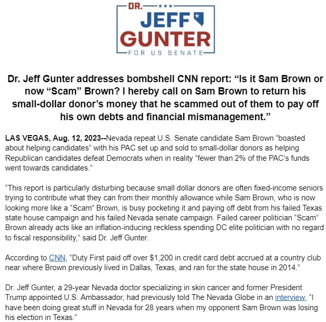 GOP Senate Candidate Dr. Jeff Gunter Coins Rival 'Scam' Brown In Wake ...